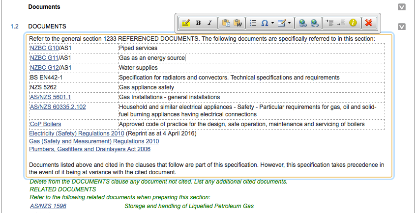 Open a specification section for editing - Masterspec